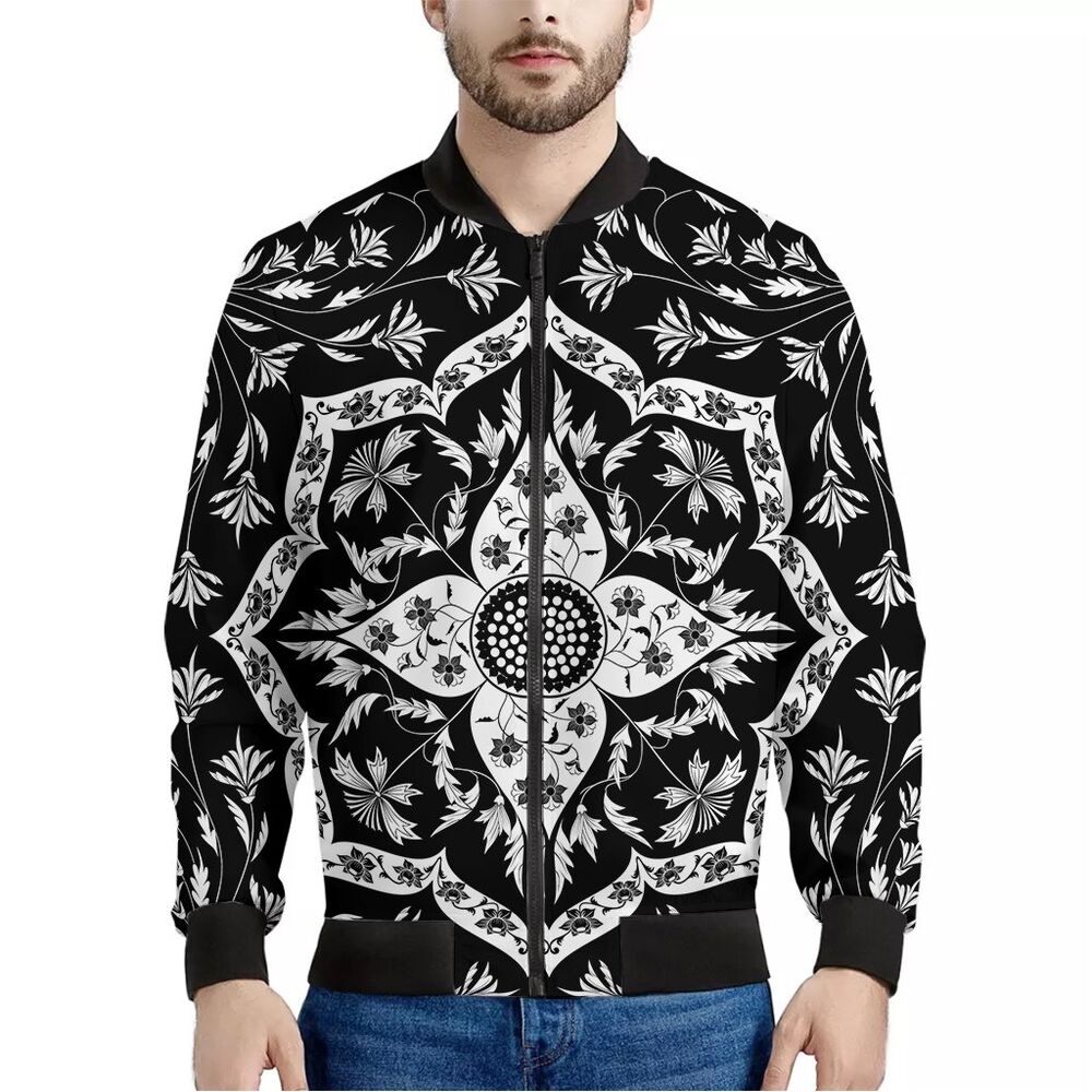 Black And White Lotus Mandala Print Bomber Jacket – We sell presents ...