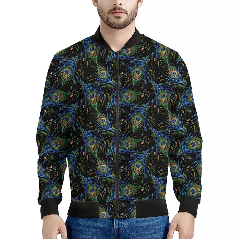Embroidery Peacock Feather Print Bomber Jacket – We sell presents, you ...